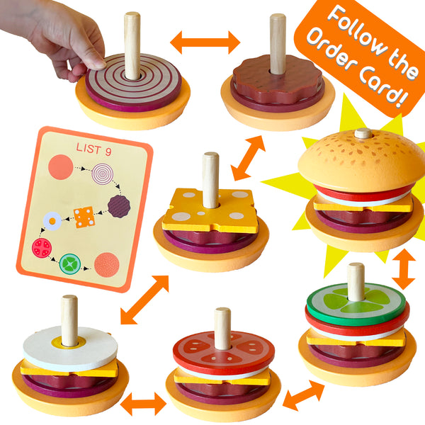 Montessori Mama Wooden Hamburger Stack – Toy with 10 Build Cards